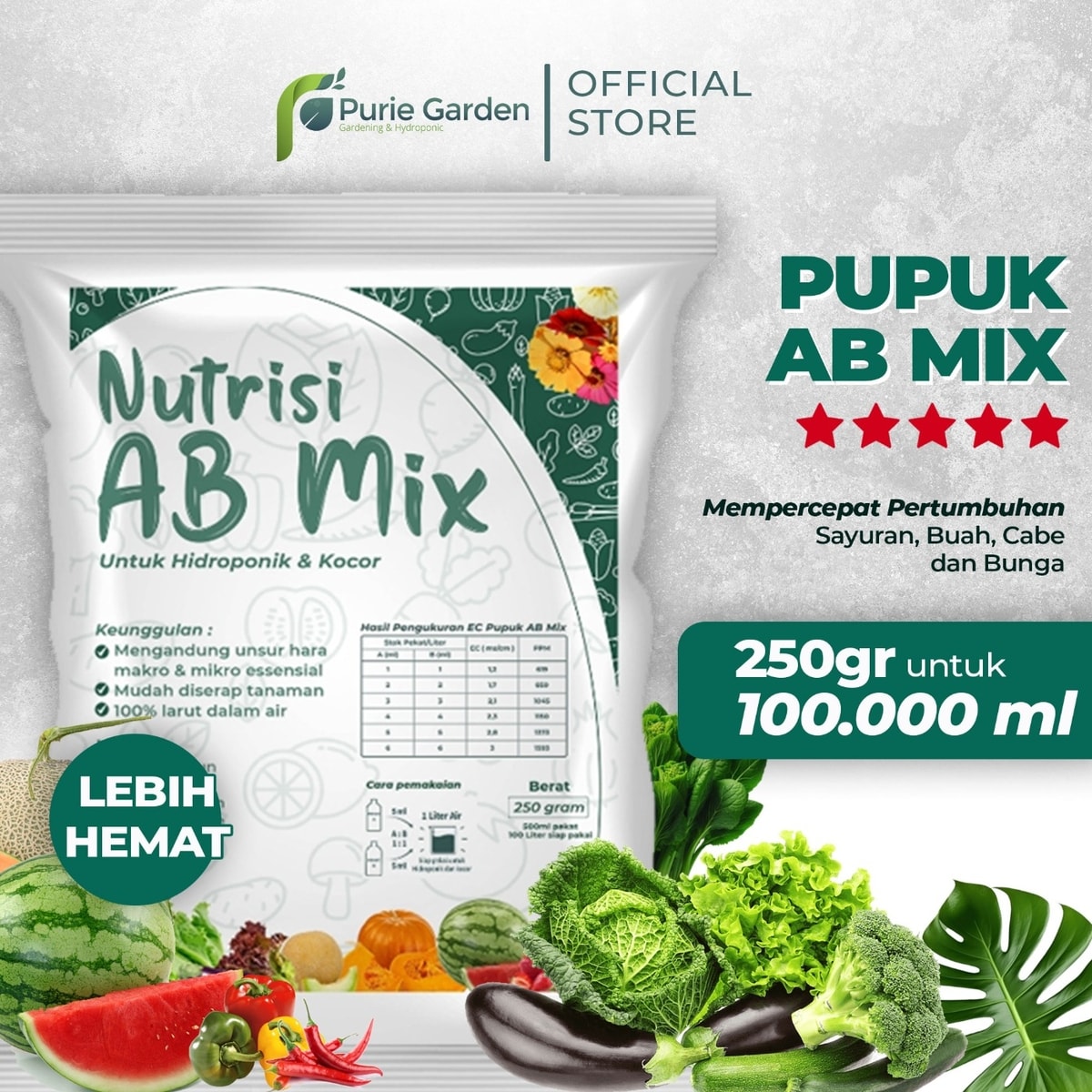 Nutrisi AB Mix Hidroponik Sayuran Buah Cabe Bunga 250gr untuk 100 Liter