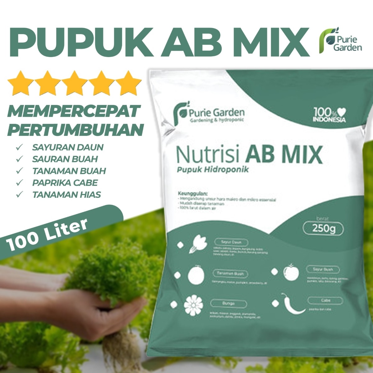 Nutrisi Pupuk Hidroponik AB Mix 250 gram 100 liter (1/2Liter) Puriegarden