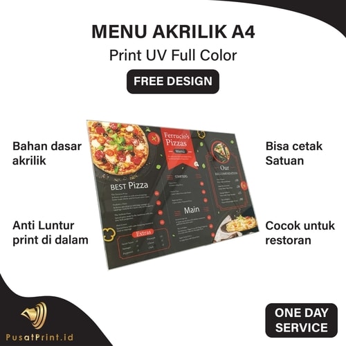 Custom Menu Akrilik Tebal 3 MM Ukuran A4 Print UV Murah