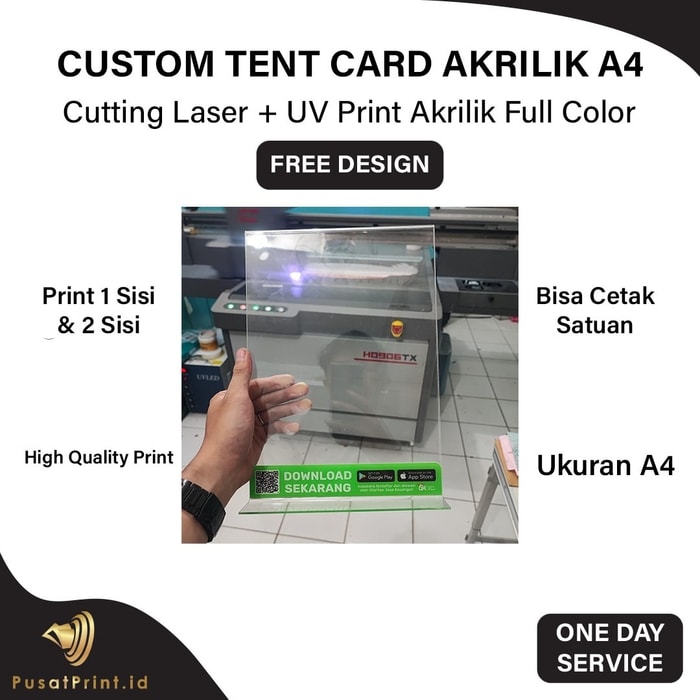 Custom Tent Card Tempat Menu Akrilik Acrylic Ukuran A4 Print UV 2 Sisi